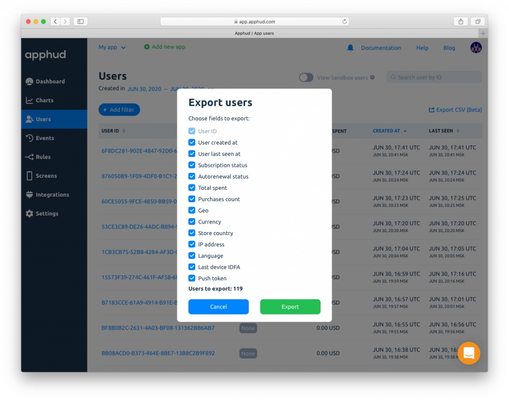 What s New Events Tab New Events Users Export Apphud Blog